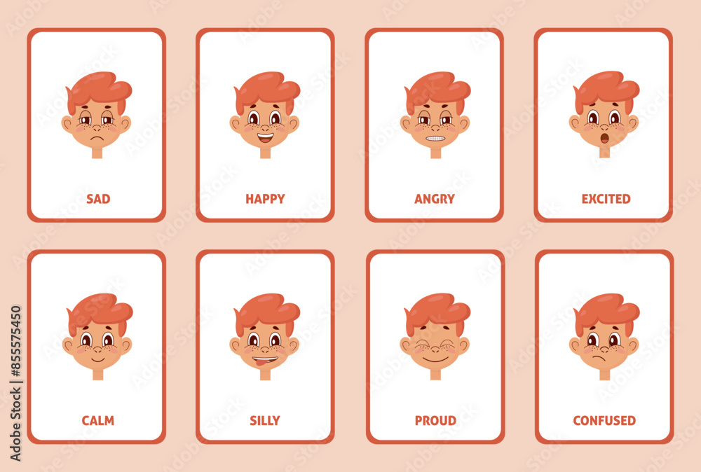 Cute face emotions vector set. Emotions flashcards collection. Learn ...