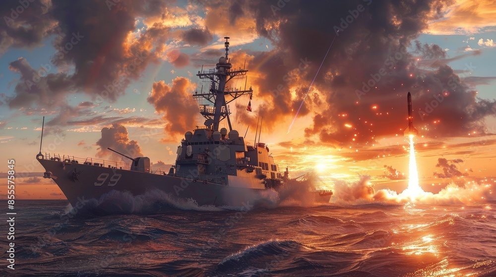 Missile launch from navy destroyer in a military special mission ...