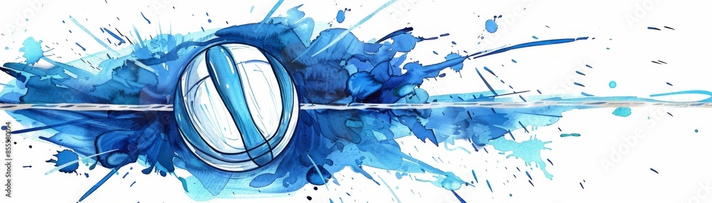 Artistic splash of blue watercolors with a white and blue volleyball ...
