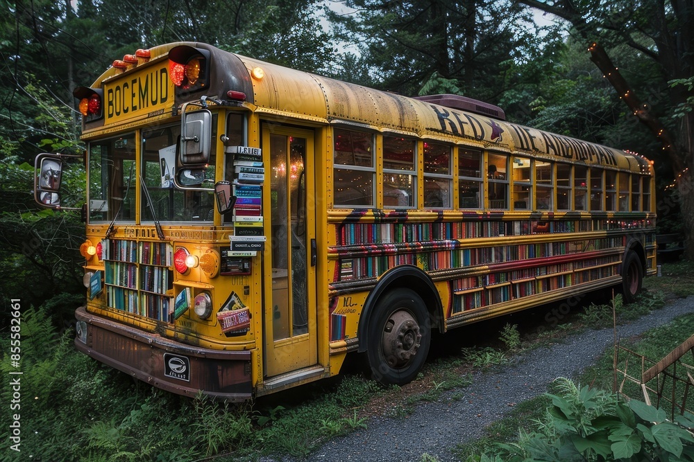 A yellow school bus converted into a mobile library parked on the side ...