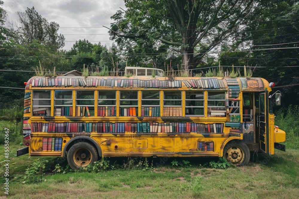 A yellow bus converted into a mobile library, with books stacked neatly ...