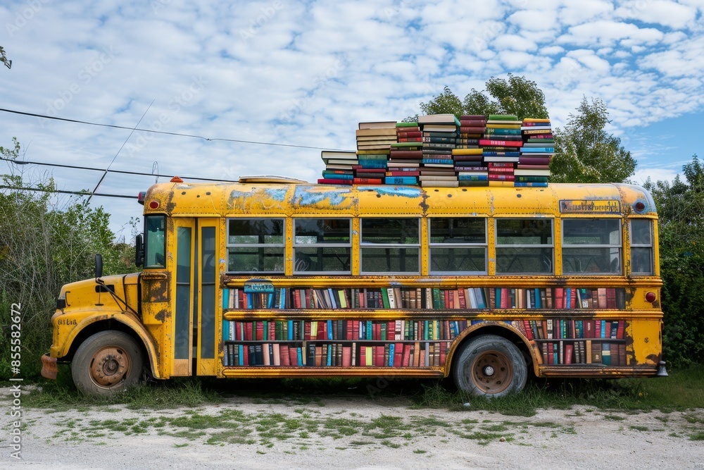 A yellow school bus converted into a mobile library, carrying a bunch ...