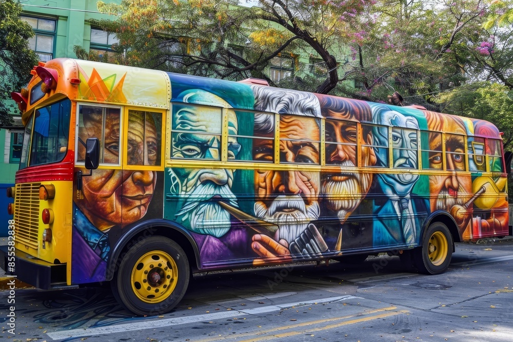 A school bus is adorned with a colorful mural depicting portraits of ...