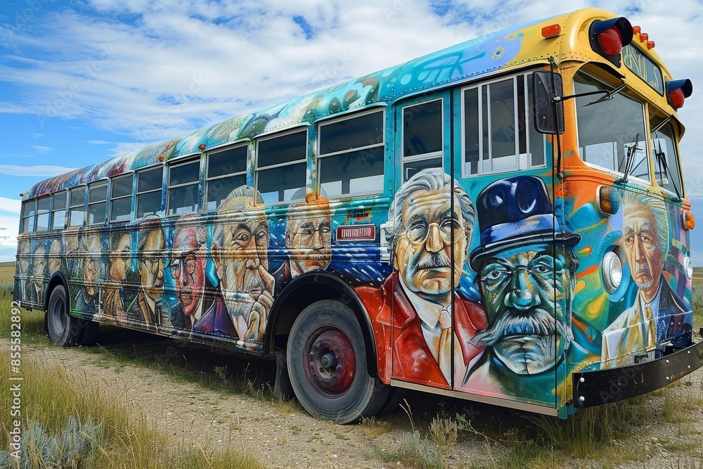 A school bus covered in colorful pictures of famous scientists and ...