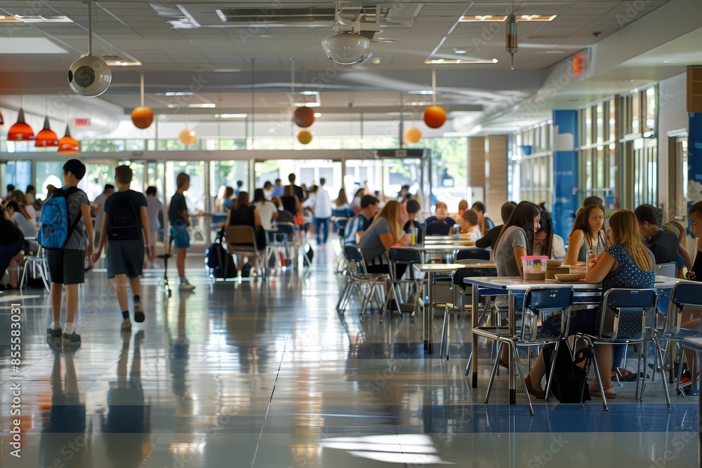 Students are seated at tables in a busy school cafeteria, A school ...