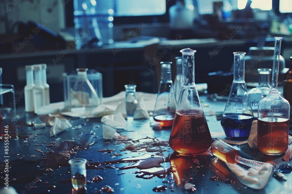 Numerous bottles filled with various liquids are arranged on a table ...