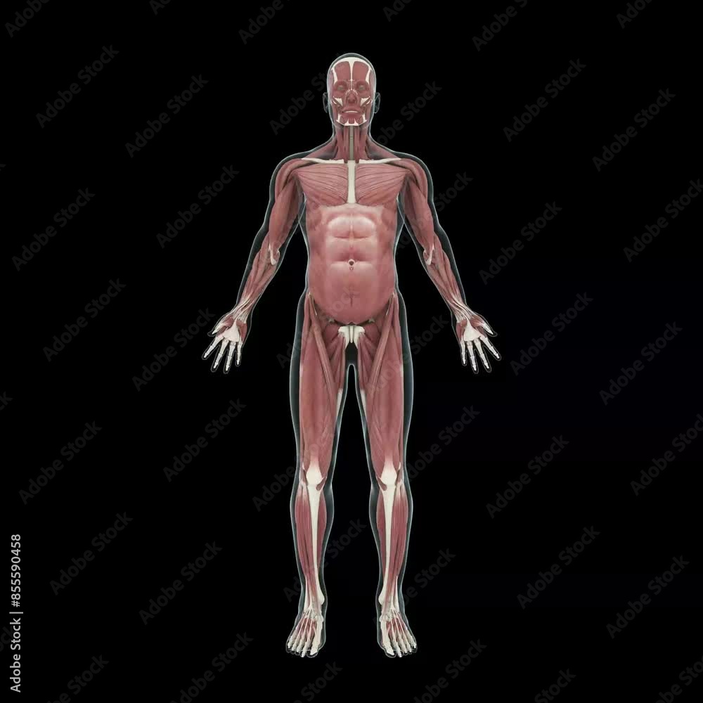 This video features a 3D model of the human male muscular system ...