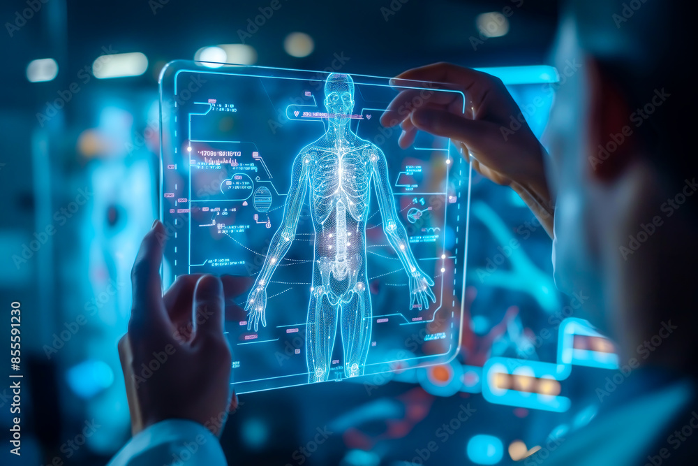 A doctor carefully examines a virtual x-ray projection with focused ...