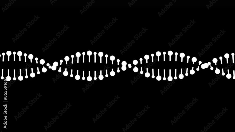 An animated white DNA double helix on a black background. The helix ...