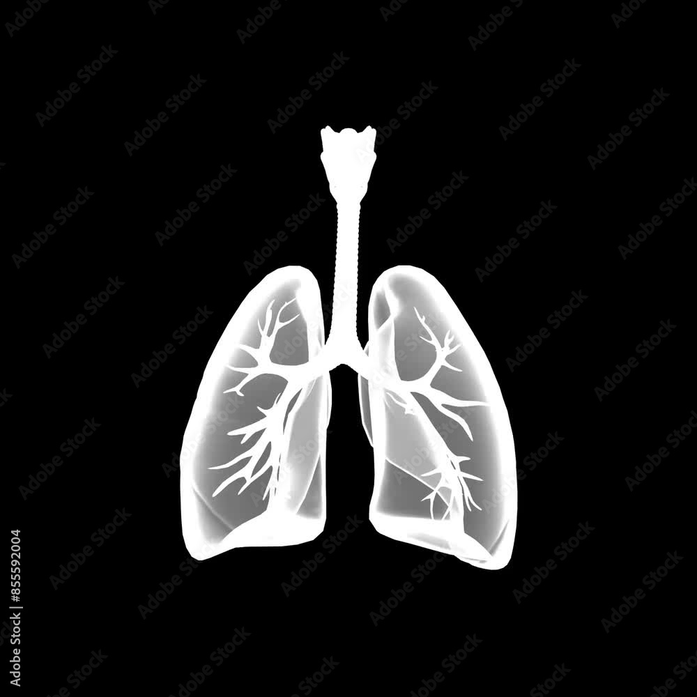A 3D model animation of human lungs, in white against a black ...