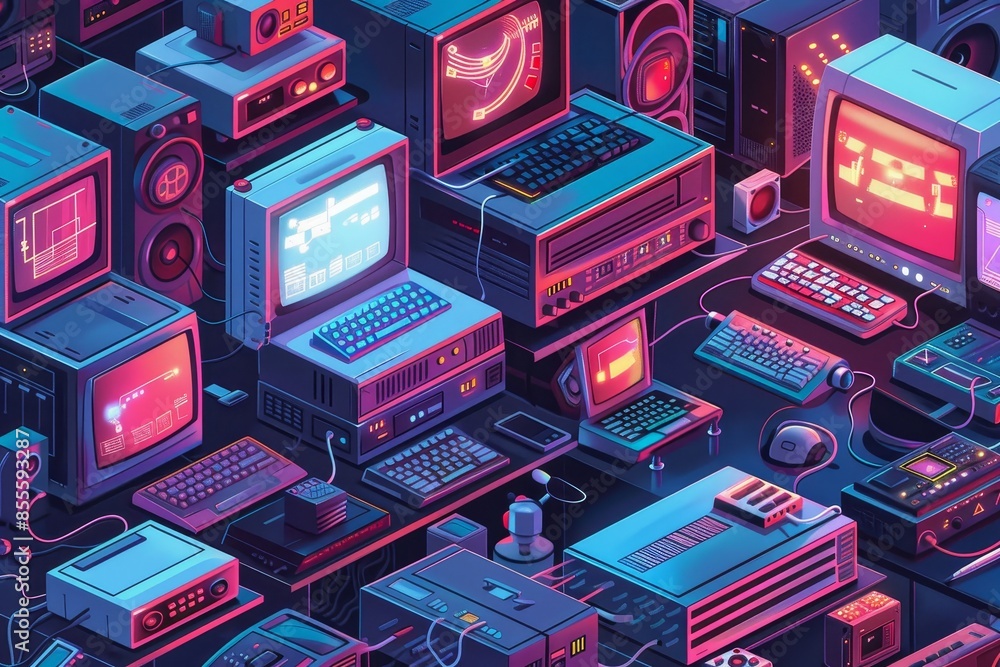 Numerous computer devices and peripherals fill a room, creating a tech ...