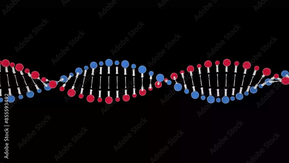 A 3D animated model of a DNA double helix structure with red and blue ...