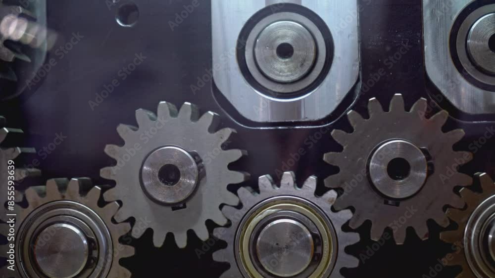 Mechanism with rotating gears. Media. Shiny metal gears rotate in ...