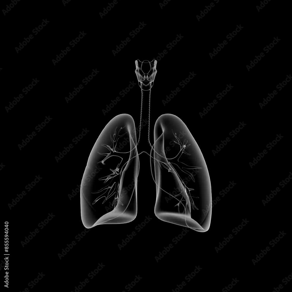 A 3D model of the human lungs rotates slowly against a black background ...