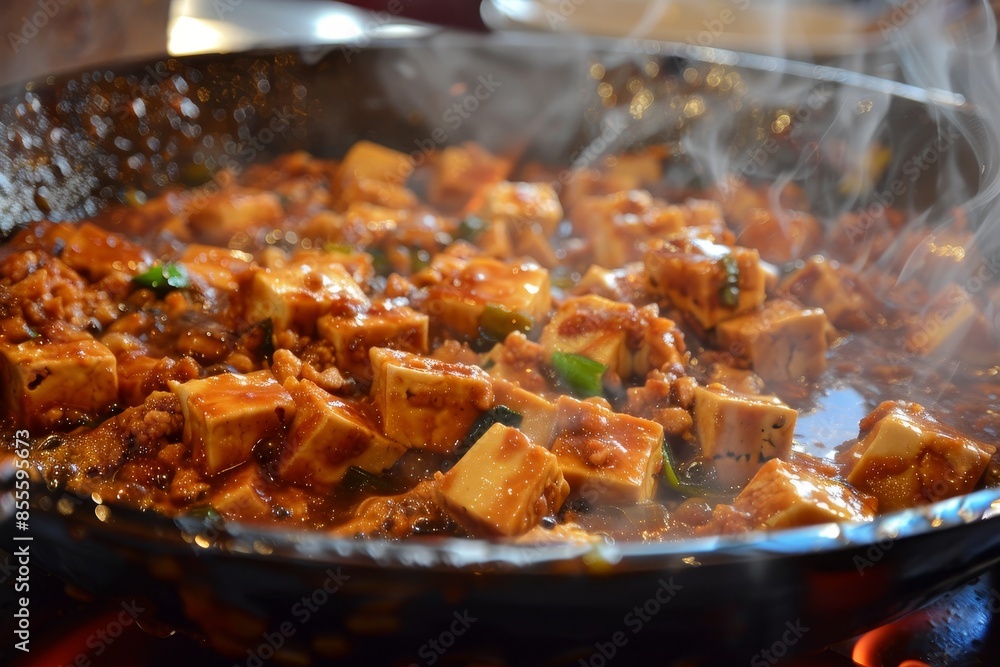 A pan filled with spicy mapo tofu cooking on a stove, emitting sizzling ...