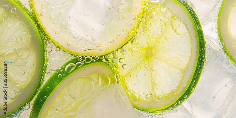 Macro photo of sliced lemons and limes with ice cubes. Fruit cut ...