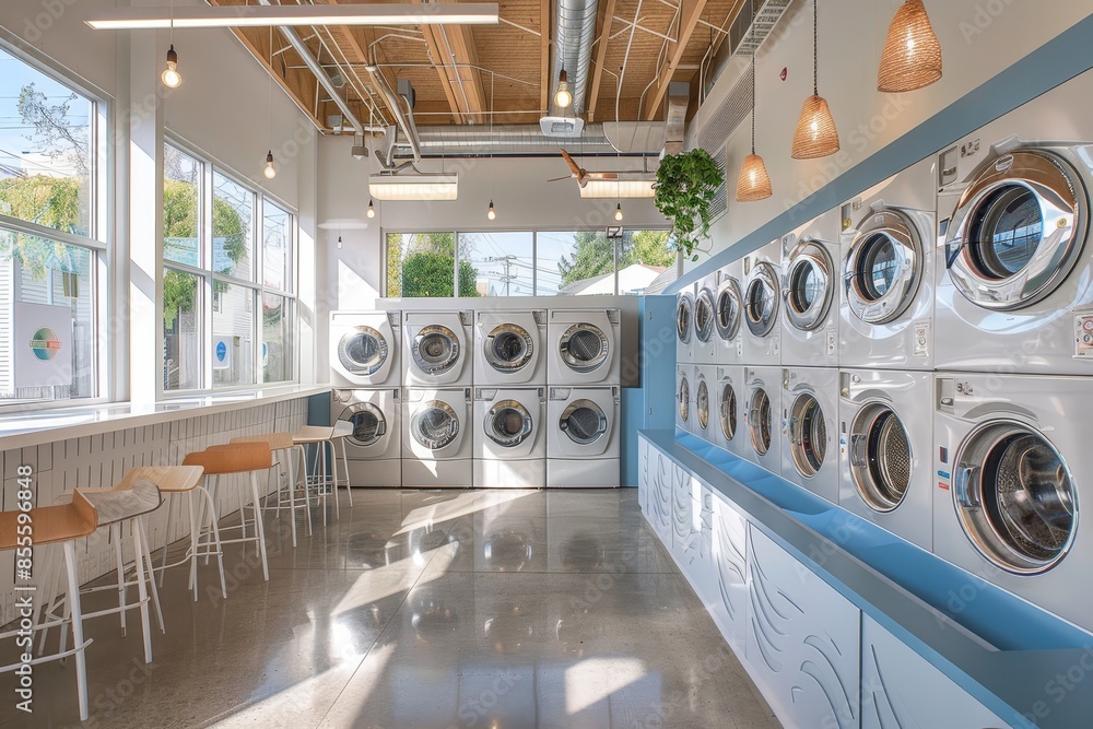 A contemporary laundry room filled with multiple washers and dryers for ...