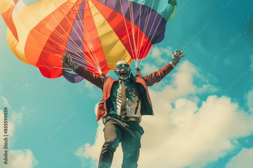 A Cartoon zombie is flying through the air with a colorful parachute ...