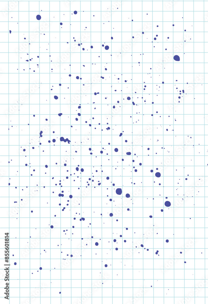 Checkered school notebook background with splashes of paints, ink ...