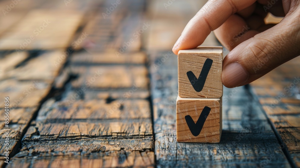 Strategic Choices: Hand Selecting Check Mark on Top of Wooden Cube ...