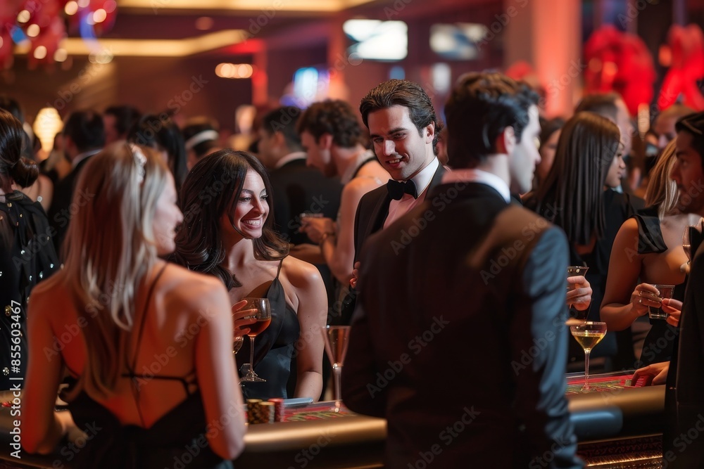 Dressed in cocktail attire, a sophisticated crowd congregates around a ...