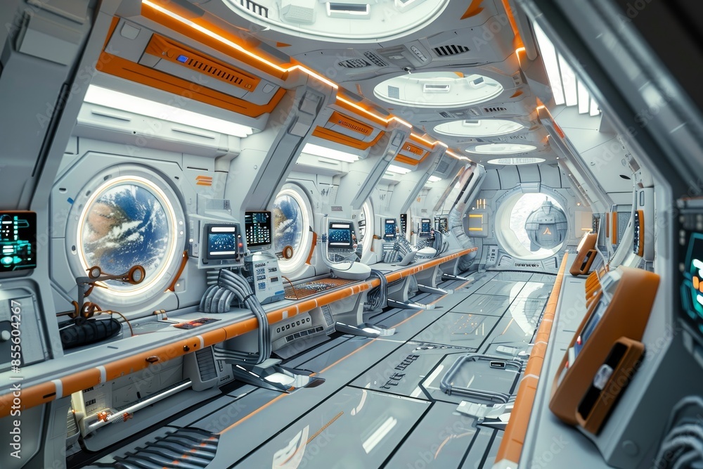 The interior of a high-tech sci-fi space station featuring advanced ...