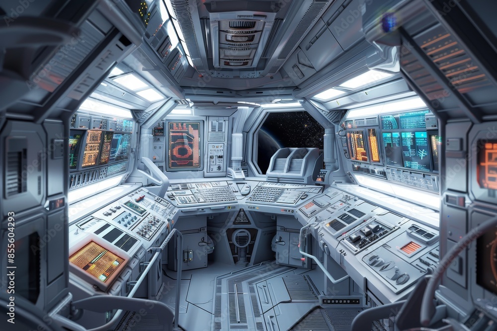 Artists depiction of a high-tech space station with advanced control ...