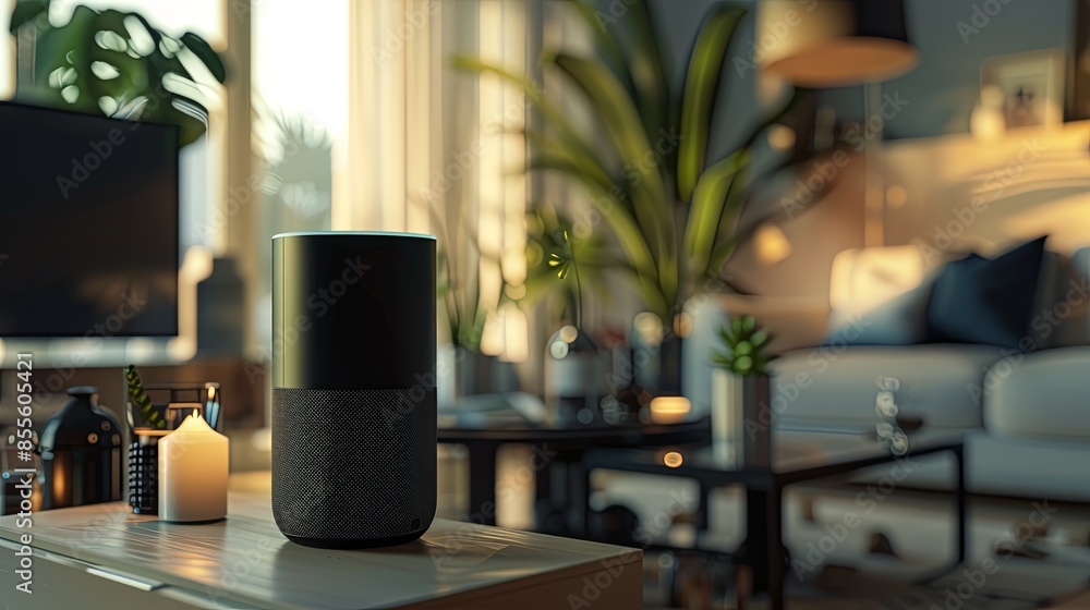 A modern, sleek voice assistant device sits on a table in a stylish ...