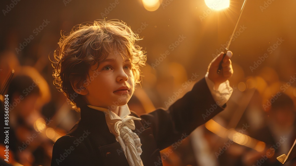 Portrait of a cute little conductor holding a baton, showing a thumbs ...
