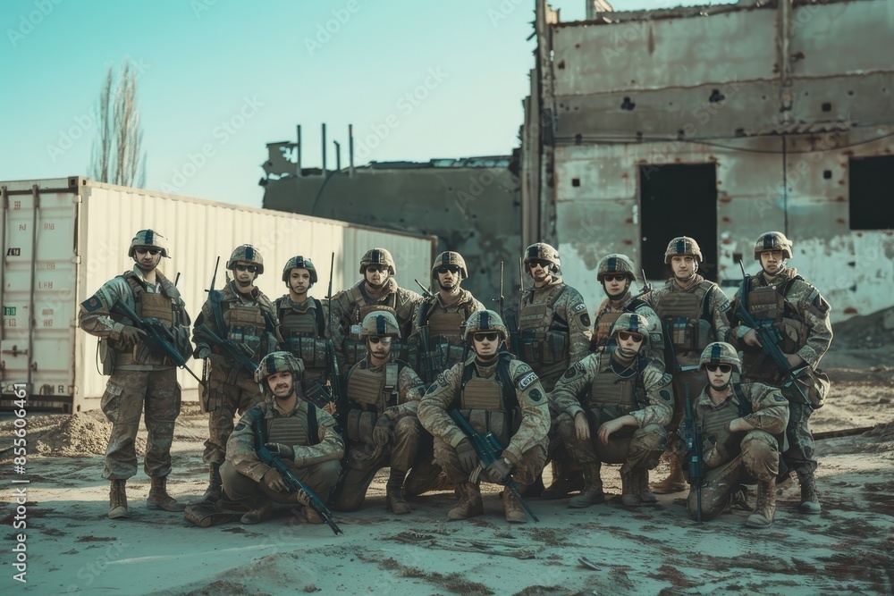 Foto de Squad of uniformed soldiers standing in pose for group ...