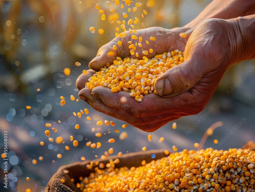of hands holding corn kernels, pouring them into the blend for silage ...