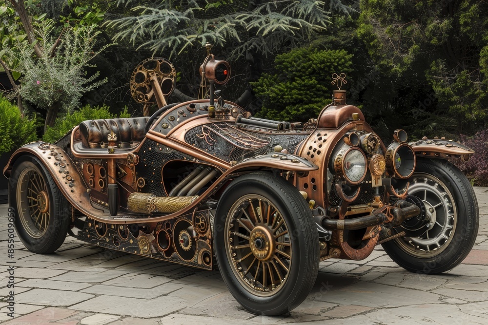 An old fashioned motorcycle parked on a brick walkway, showcasing its ...