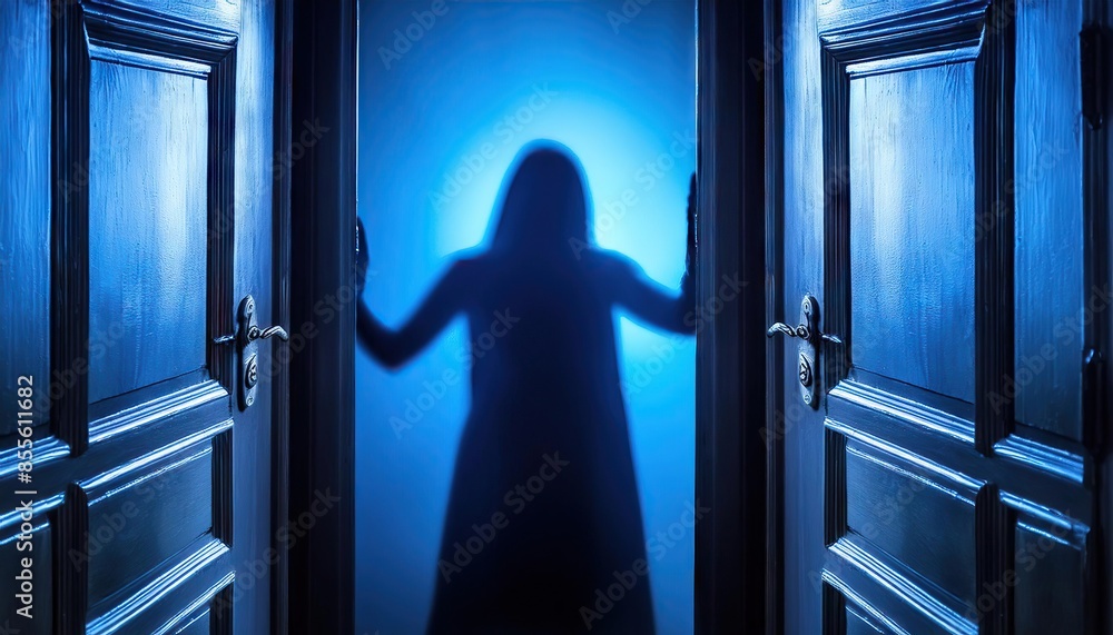 Blurred shadow in blue light outside the door. The concept of ...
