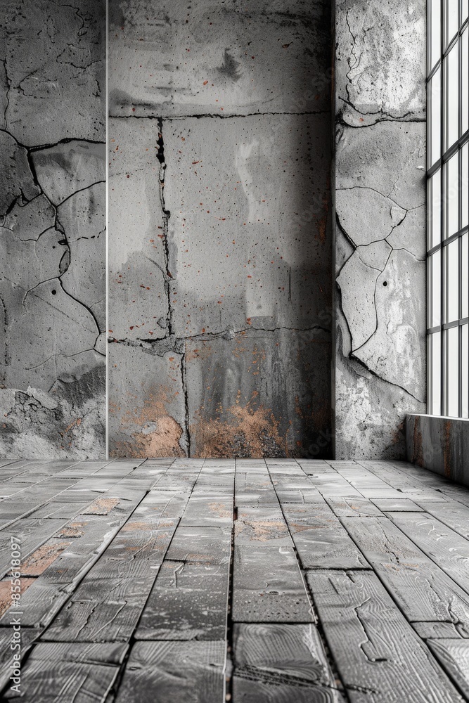Industrial style abandoned warehouse interior with cracked concrete ...