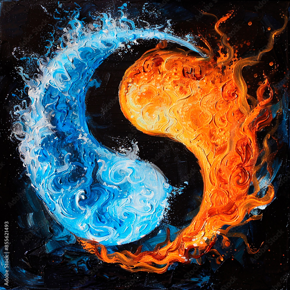 Abstract painting of water and fire swirling together in a yin-yang ...