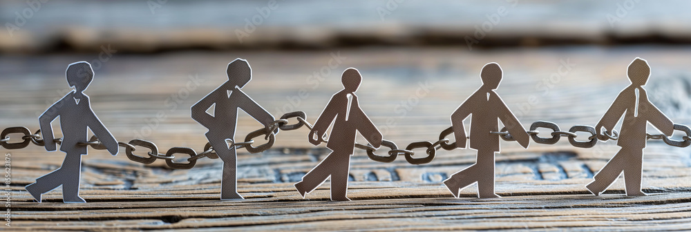 Paper cut-out silhouettes of men chained together symbolizing unity and ...