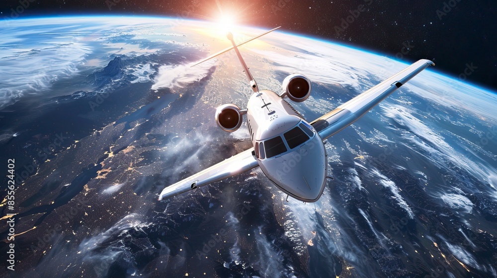 Realistic photo of White Luxury generic design private jet flying over ...