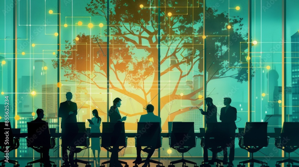 A boardroom with executives studying a tree diagram showing ...