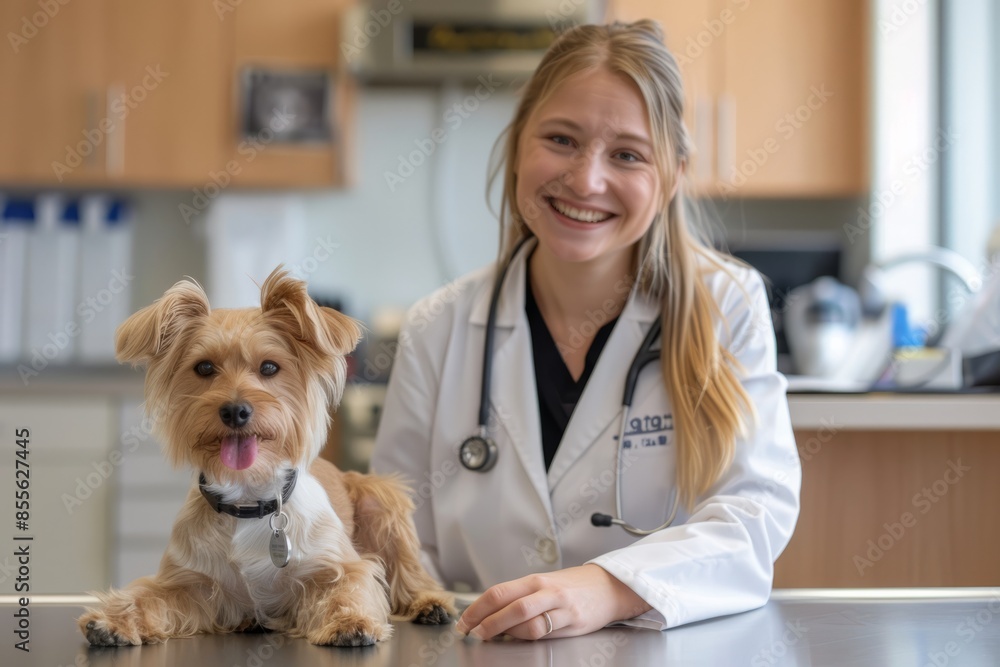 Smiling female veterinarian sits next to a recovered dog in a bright ...