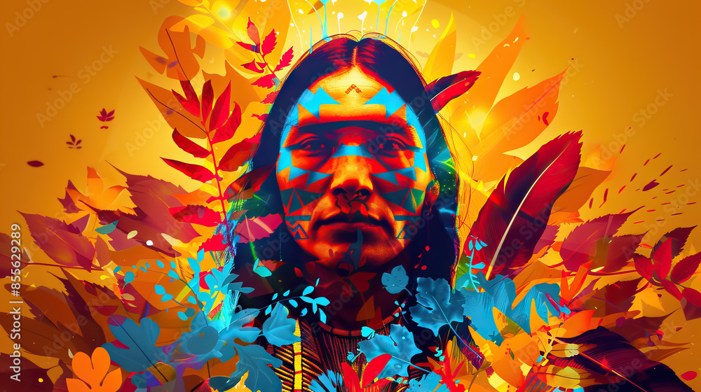 close up native american man with feathers, leaves and neon color face ...