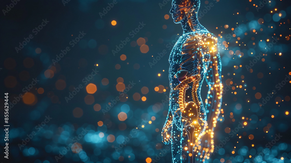 A human body silhouette with a highlighted digestive system, glowing ...