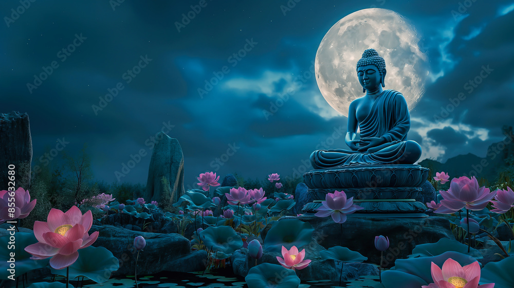 Buddha statue mediating with Lotuses and reflection. Magha Puja, Asanha ...