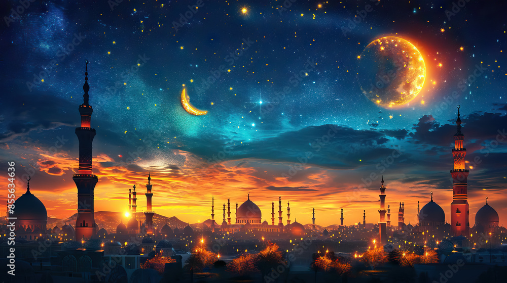 Muharram Tentative Day background with mosque silgouette anf sunrise ...