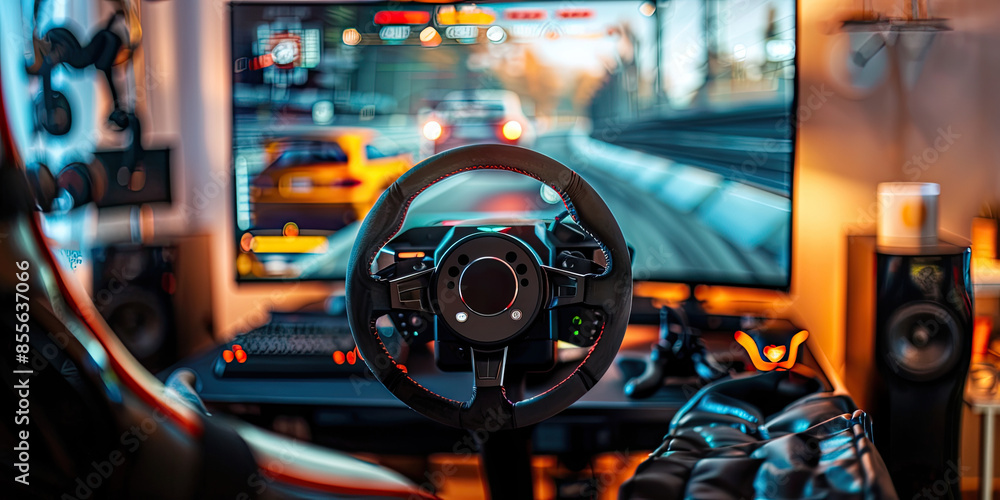 PC Gaming Setup with Racing Simulator Dynamic blurred background image ...