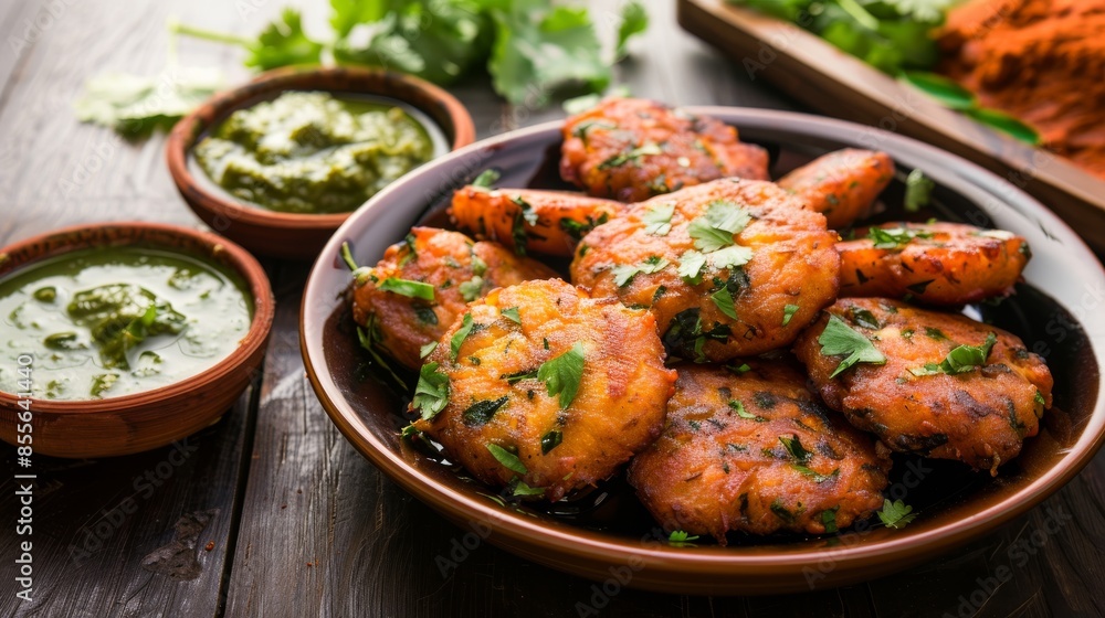 A tempting plate of Indian aloo tikki, spiced potato patties served ...