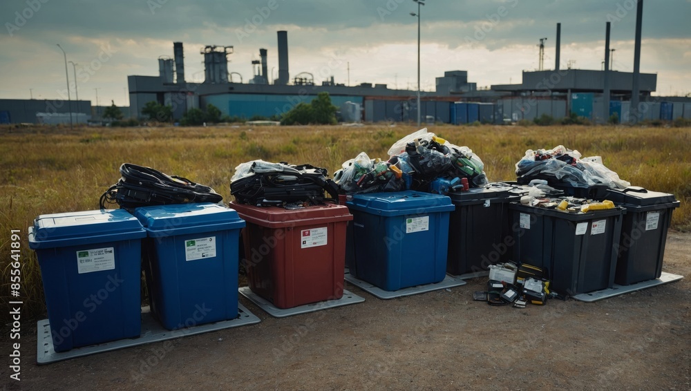e-waste recycling station. Include containers for old electronics such ...