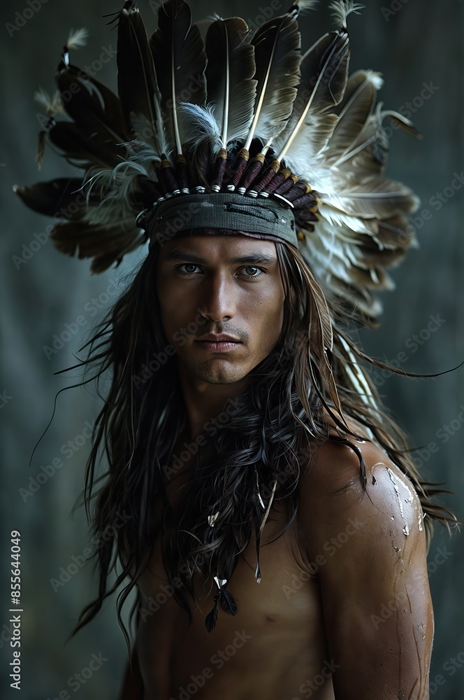 Portrait of a native American male in traditional tribal attire ...