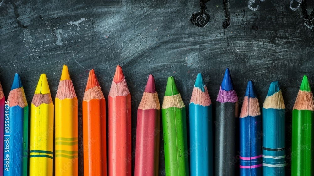 Colorful crayons on blackboard drawing, back to school concept with ...
