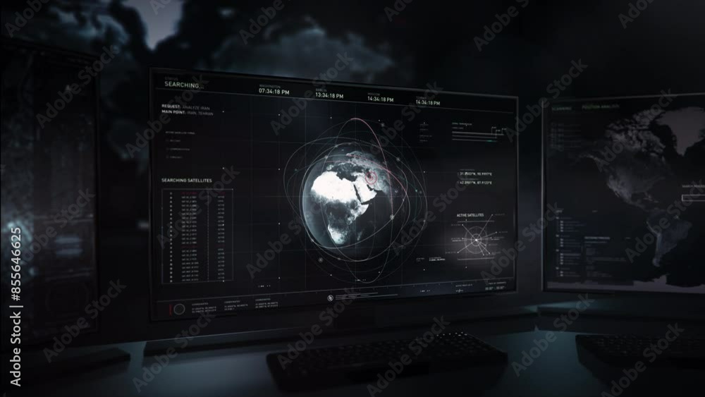 Two computer screens with keyboard on desk. Searching satellites ...
