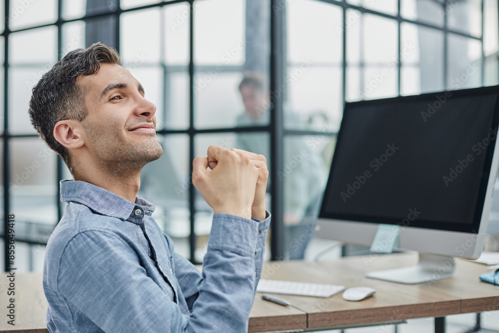Side view ceo businessman using typing on computer pc laptop working in ...
